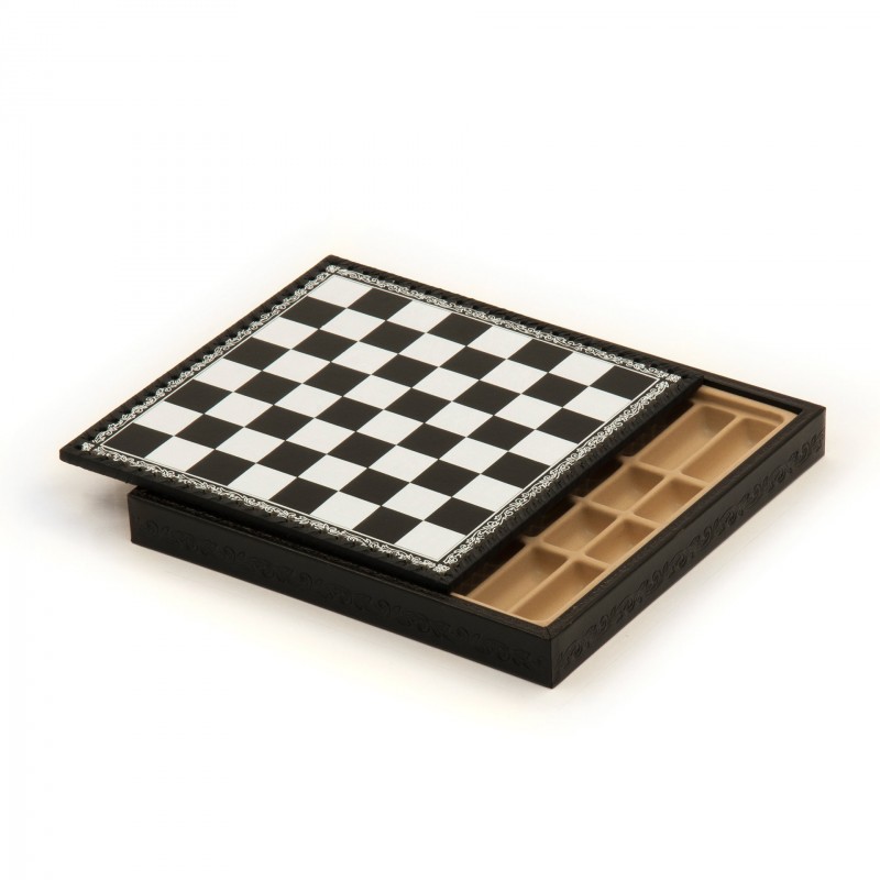 Chess board box container leatherette Black and Ivory inserted by hand