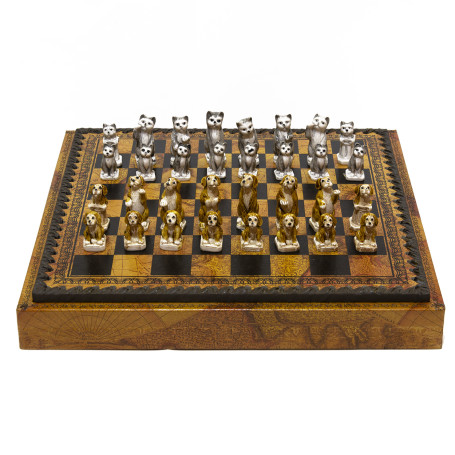 Chess Set With Chess Pieces "Cats and Dogs" in Alabaster and Resin Hand ...