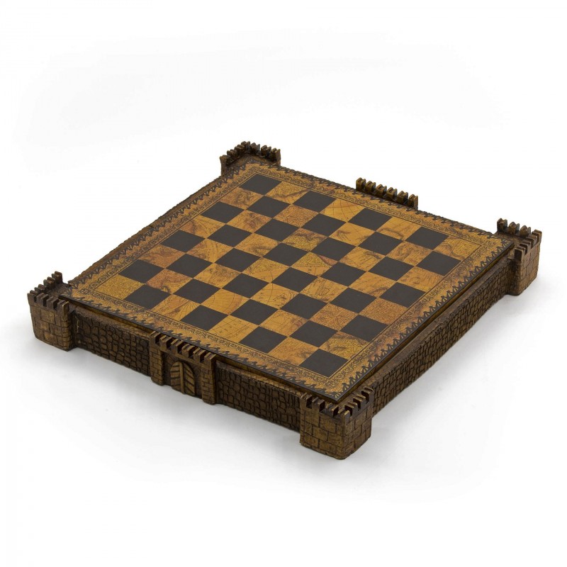Chess board "Castle" brown with box container in albaster and resin and ...